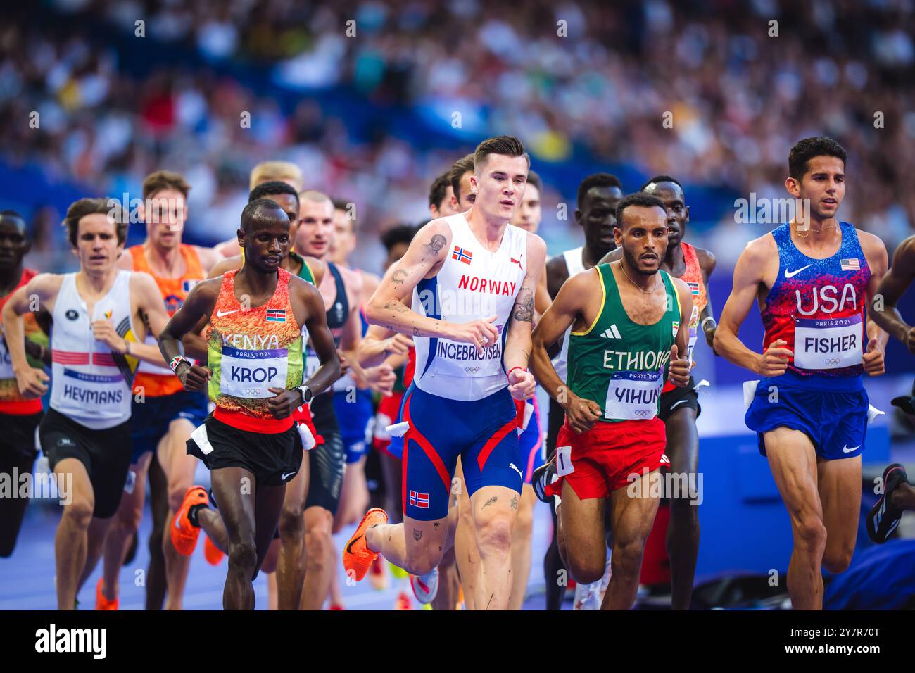 Jakob Ingebrigtsen participating in the 5000 meters at the Paris 2024 ...