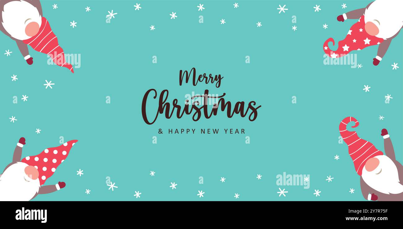 christmas greeting card with cute christmas dwarf in winter vector ...