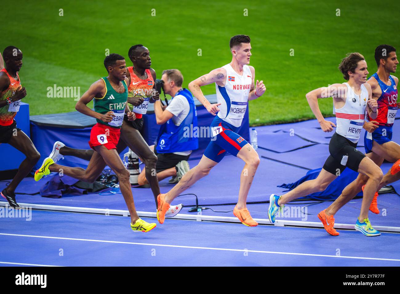 Jakob Ingebrigtsen participating in the 5000 meters at the Paris 2024 ...