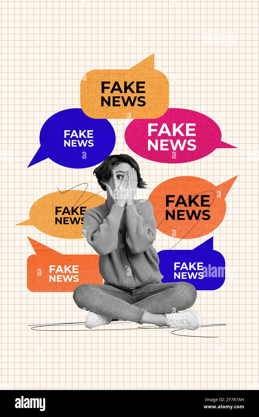 Vertical photo collage young woman fake news propaganda manipulation ...