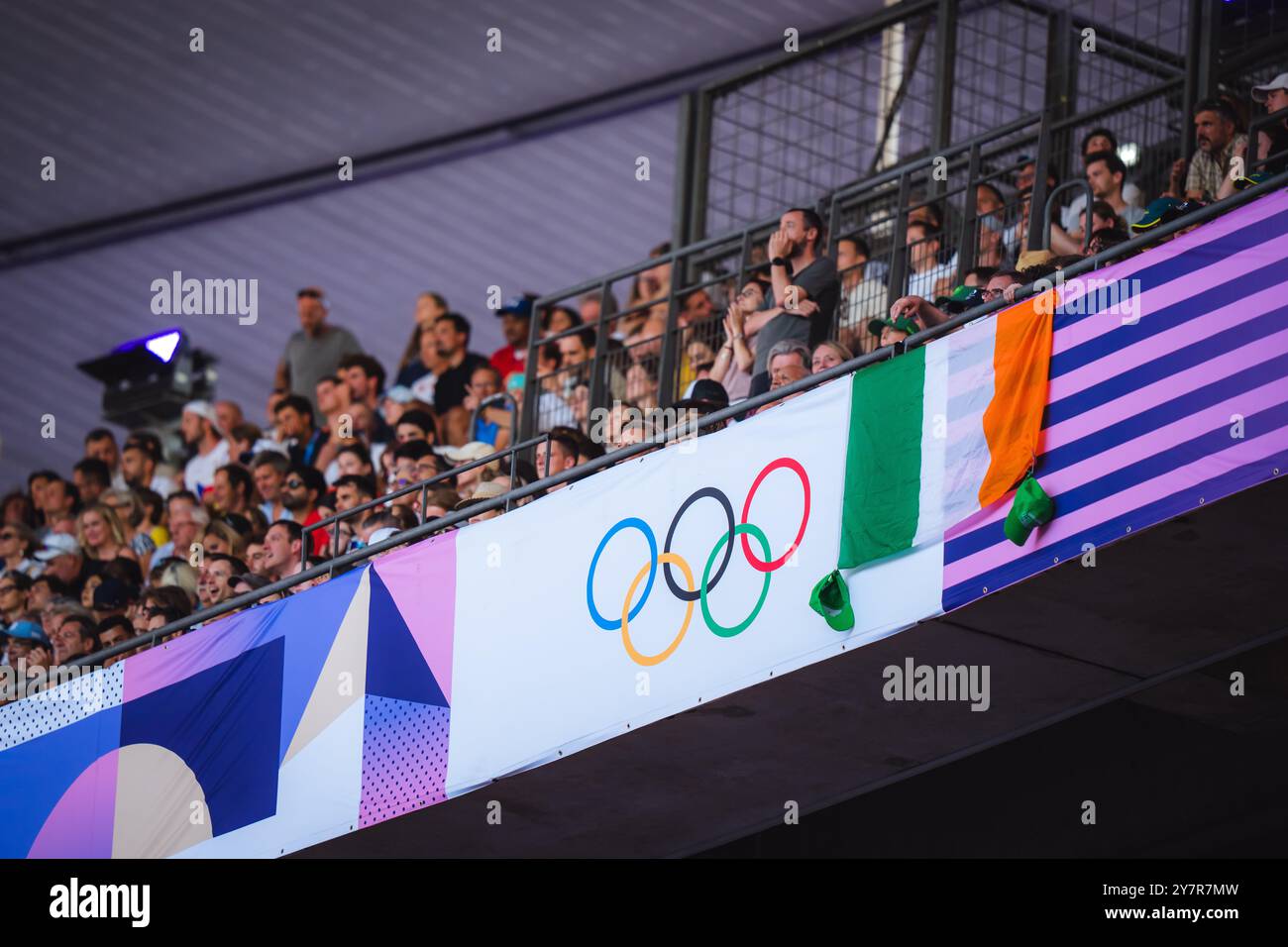 Interior of the Stade de France with the Olympic rings and the box with ...