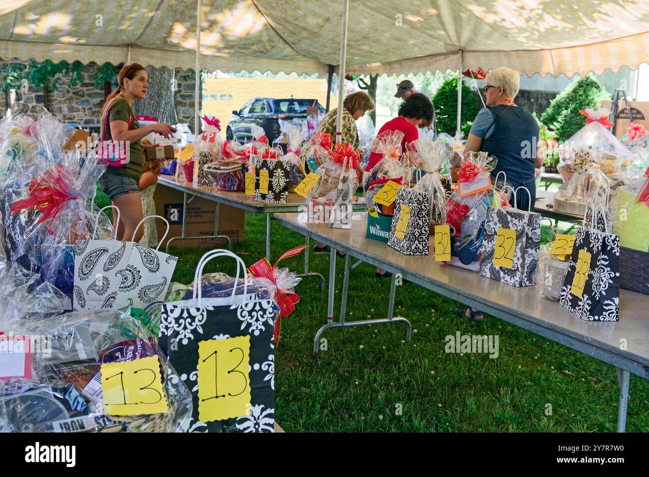 raffle table, numbered items, buy tickets to win, colorful, tables ...
