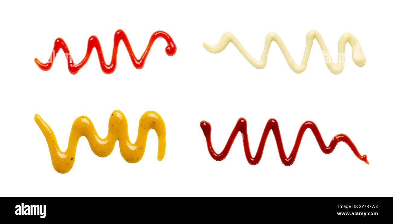 Lines of ketchup, mayonnaise, mustard, and barbecue sauce on white ...