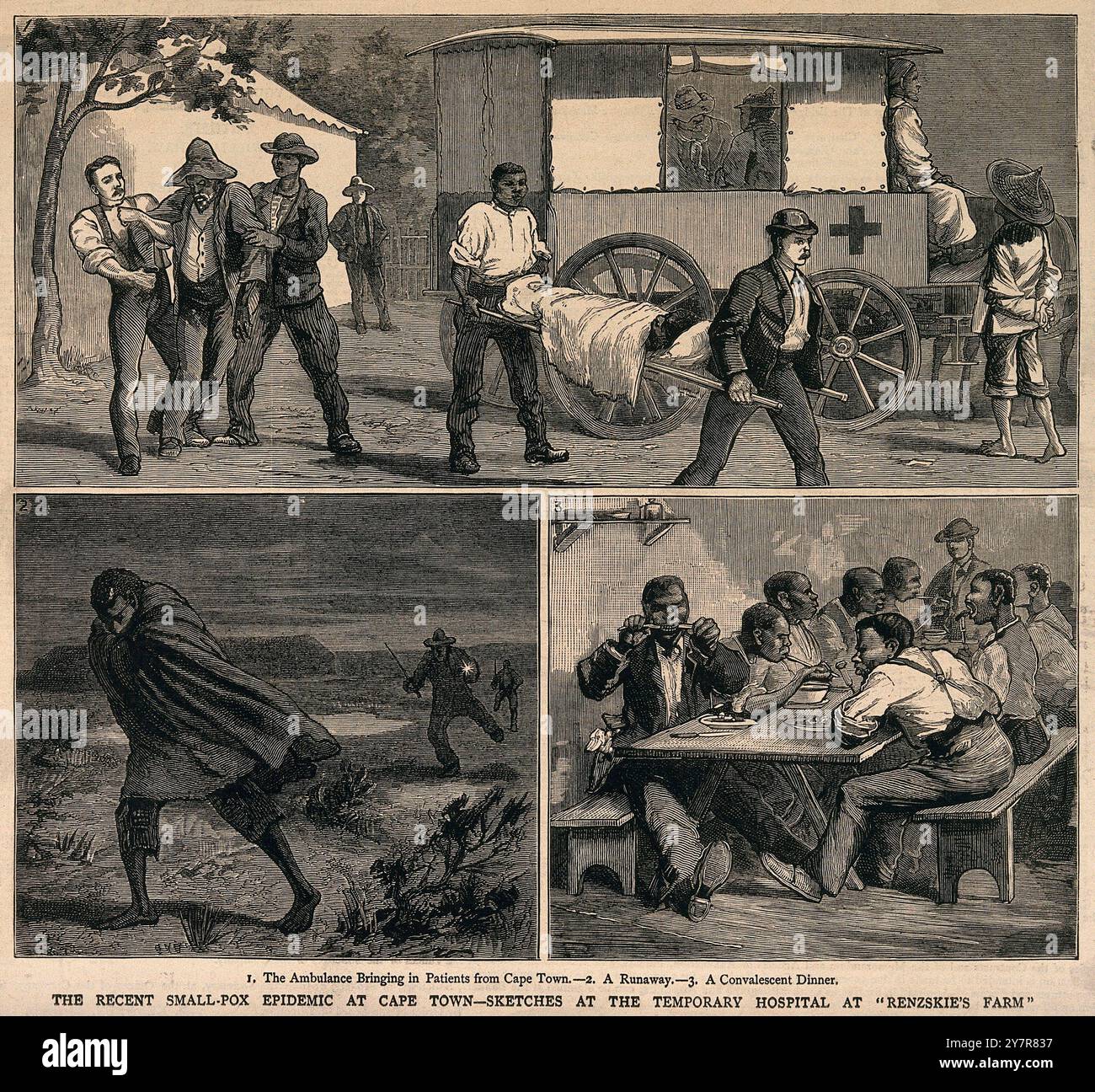 Wood engraving of the recent small-pox epidemic at Cape Town. Sketches ...