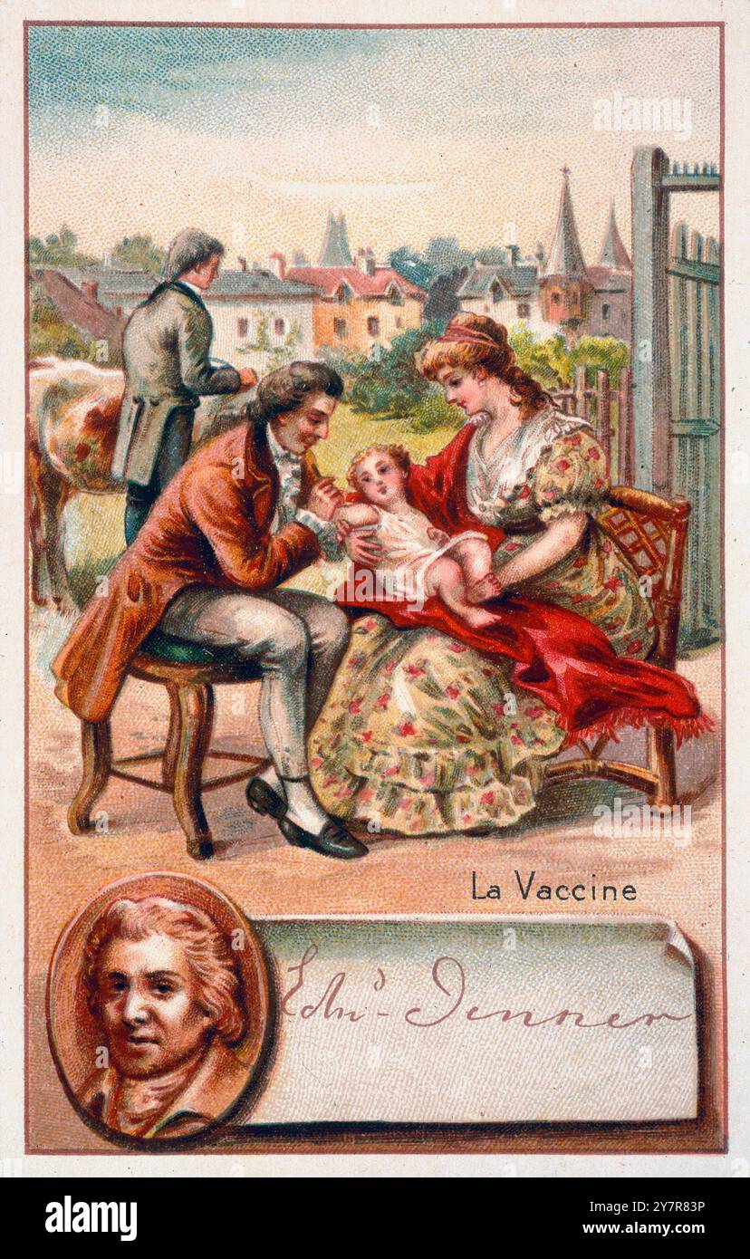 Edward Jenner vaccinating a young child, held by its mother, with a man ...