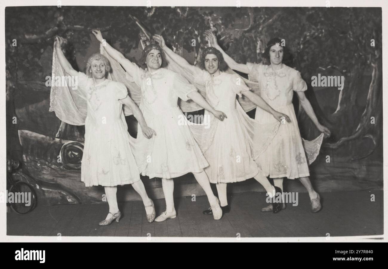 Amateur actors in drag, wearing white dresses and dancing on stage ...