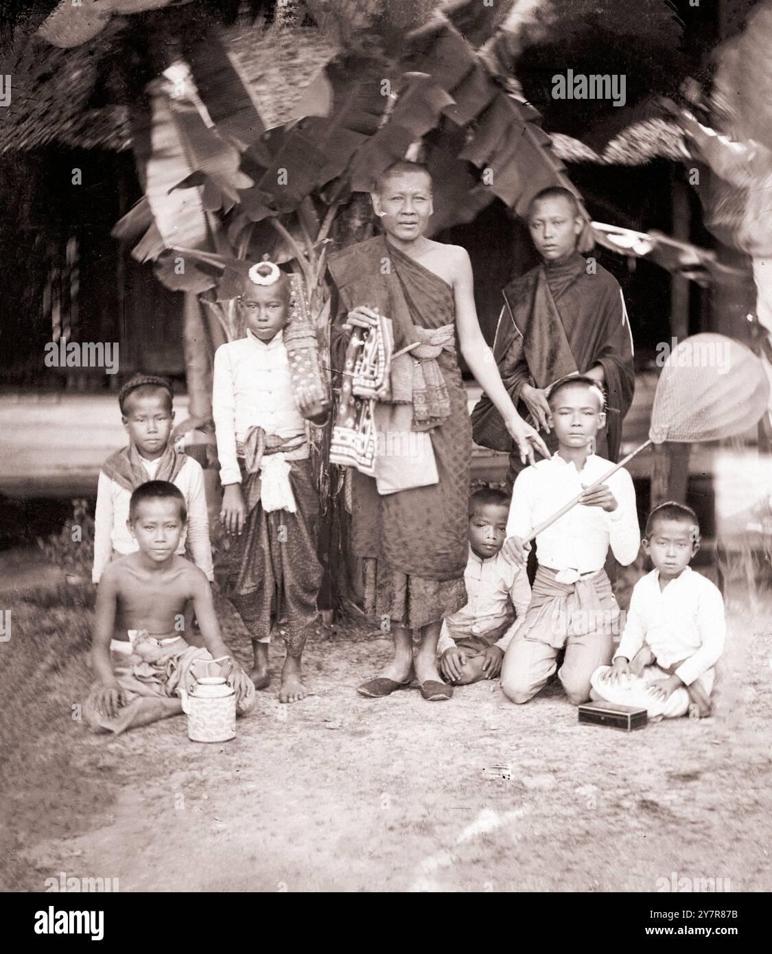Vintage photograph of Siam (Thailand): monks and their assistants. By ...