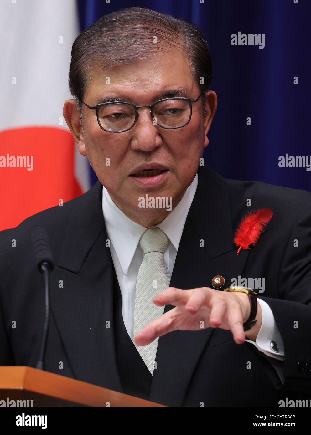 New Japanese prime minister Shigeru Ishiba attends a press conference ...