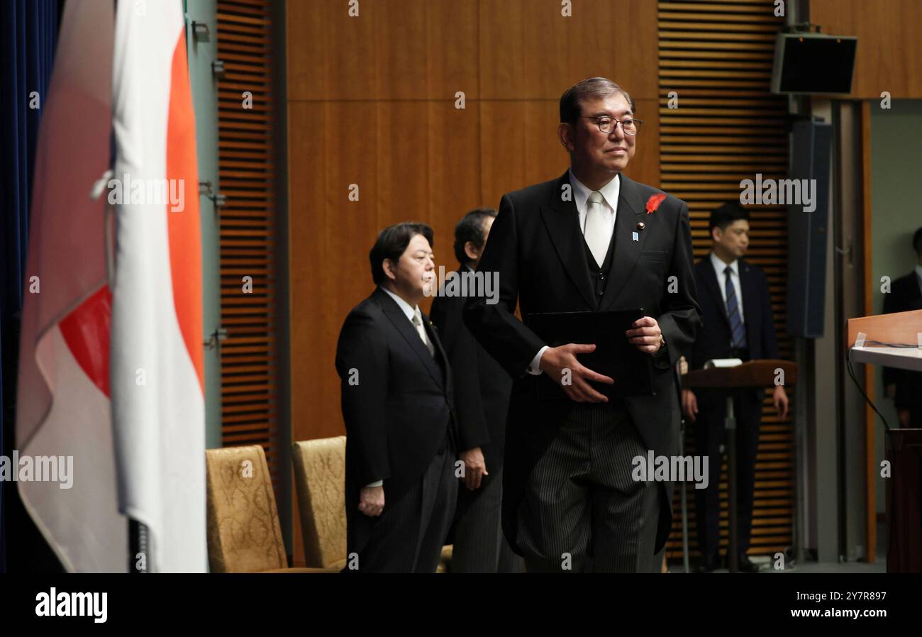 New Japanese prime minister Shigeru Ishiba attends a press conference ...