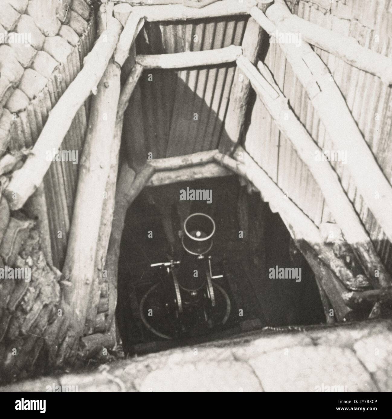 Vintage photo of trench mortar in its well-timbered chamber, view ...