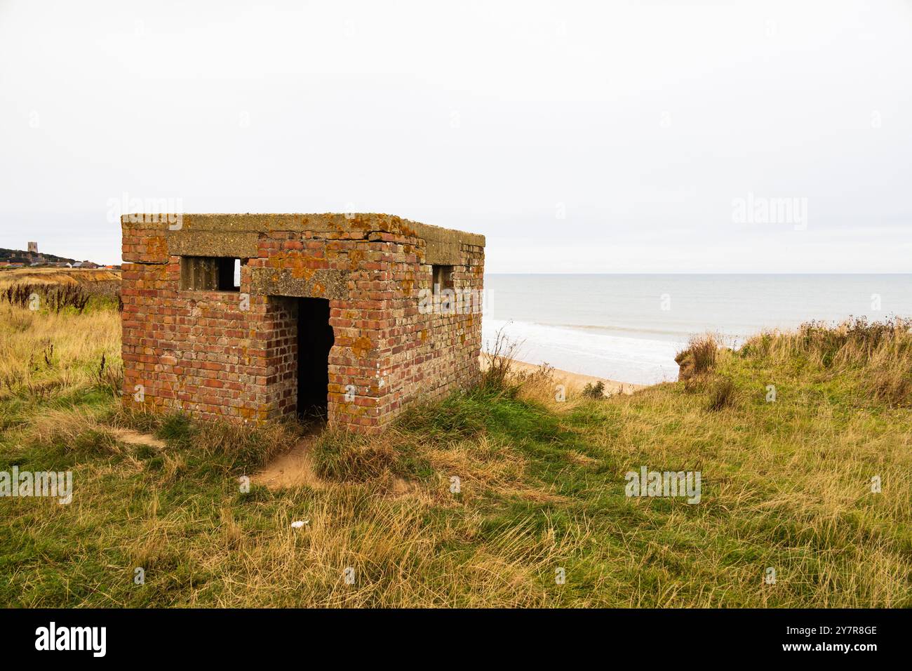 WW2 lookout pill box above the beach at Happisburgh, Norfolk, England ...