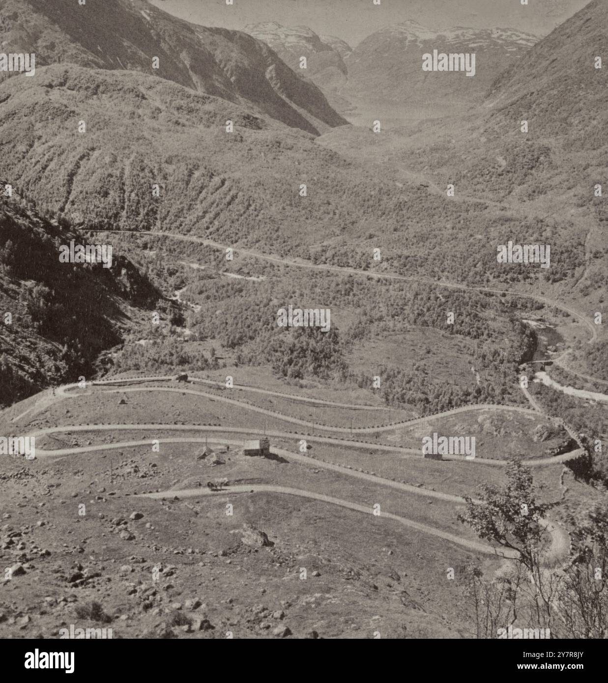 Vintage photo of great zigzag loops of road descending from Dyreskard ...