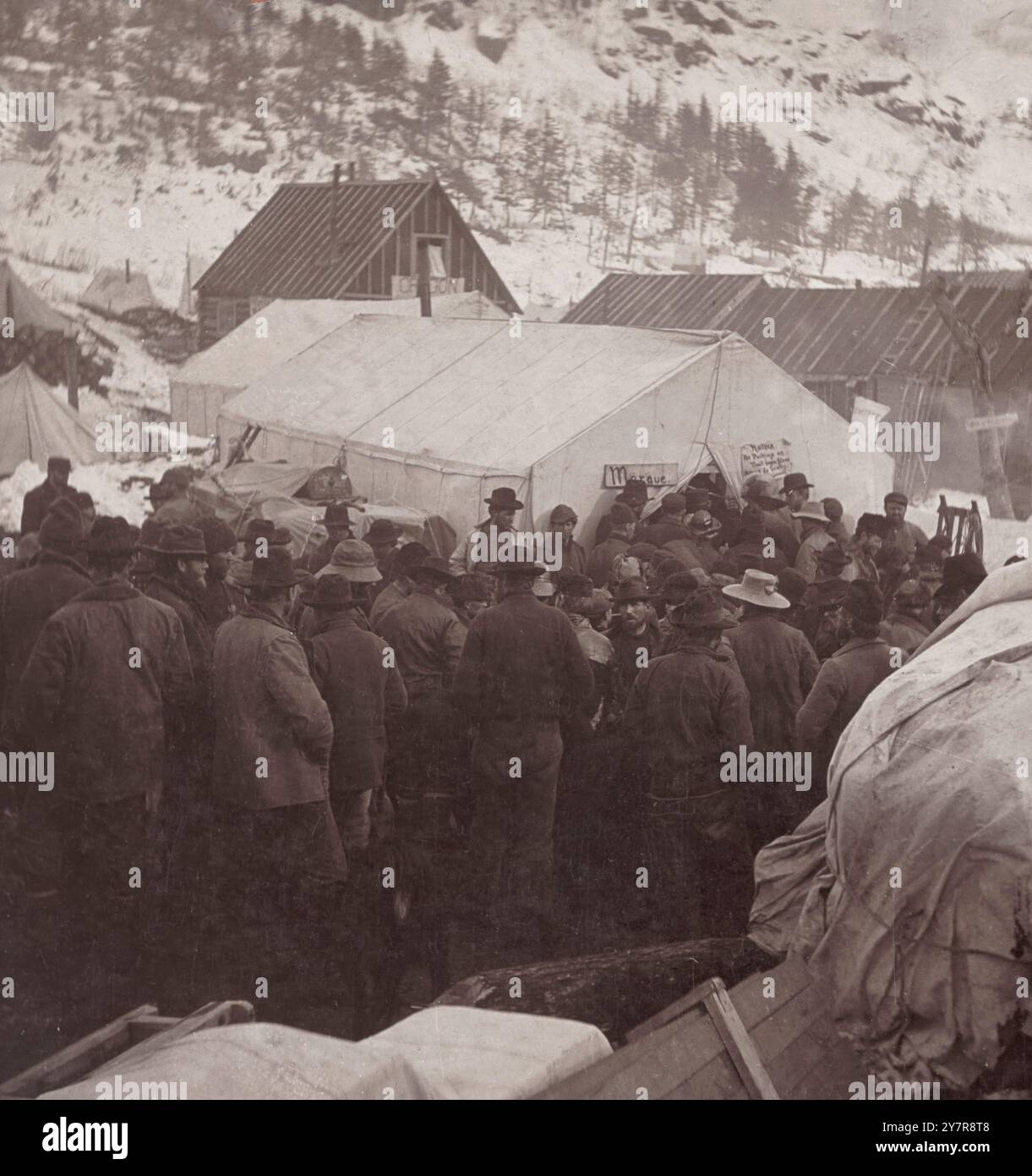 Vintage photo of Klondike Gold Rush. The morgue after the snowslide ...