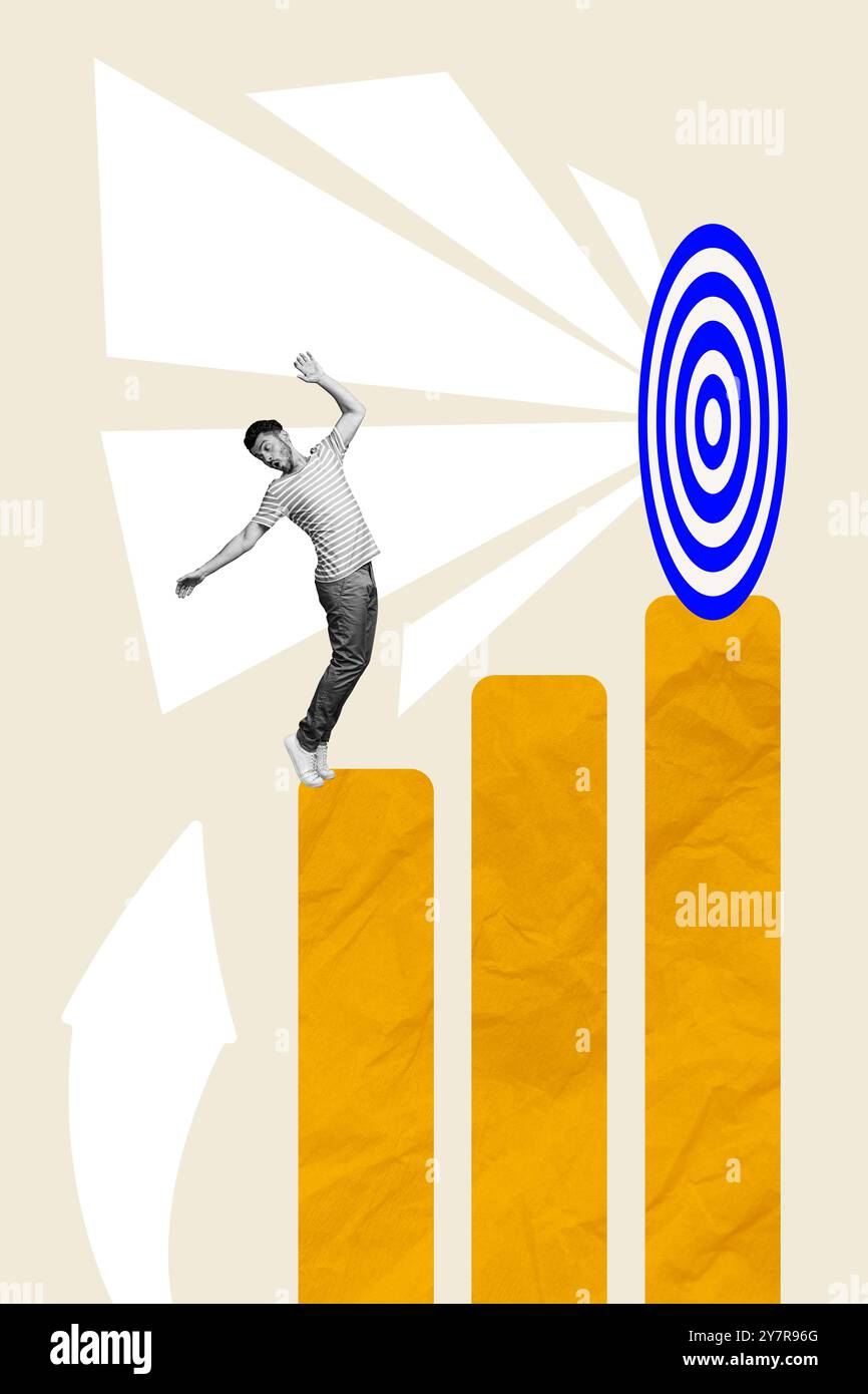 Vertical poster collage young falling man balance charts progress ...