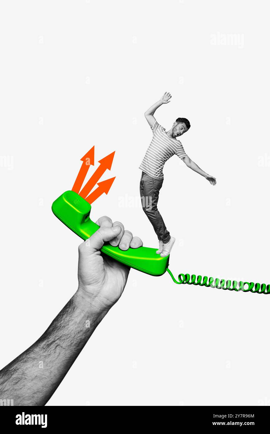 Vertical collage young man falling down balance telephone speech call ...