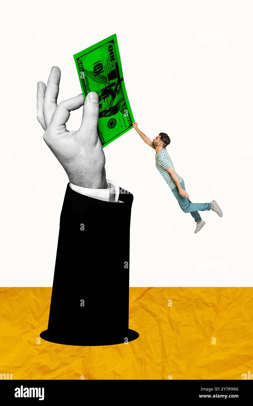 Vertical poster collage hand body fragment sleeve man hold banknote ...