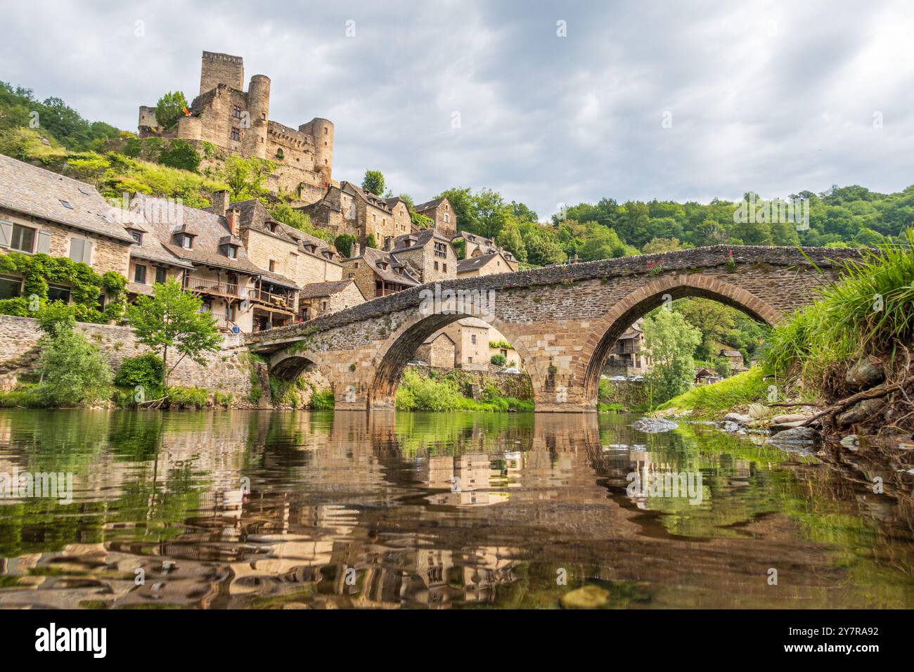 Belcastel village, castle and medieval bridge over Aveyron river, one ...