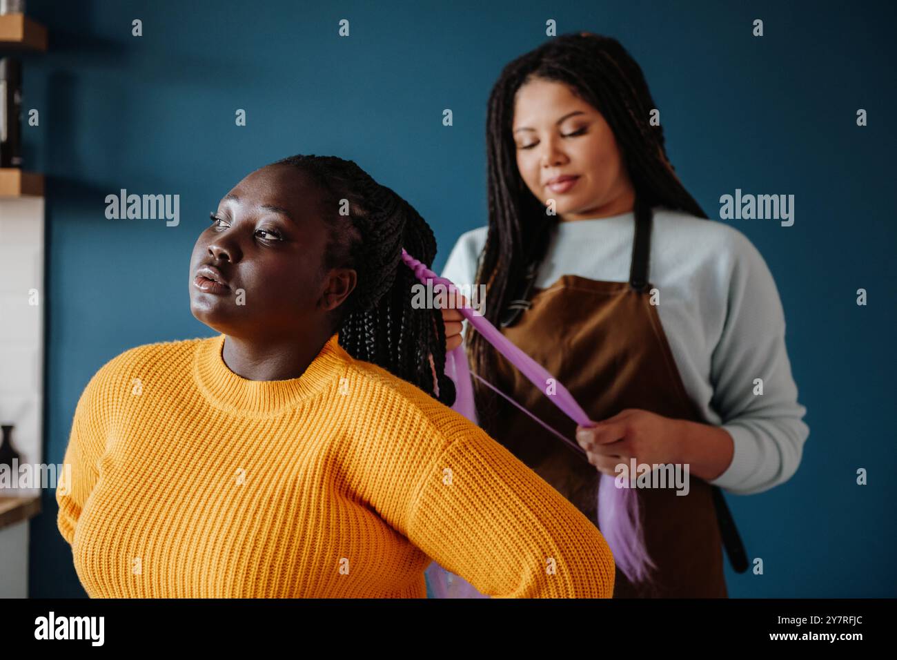 Confident African hairdresser braiding hair to a smiling female ...