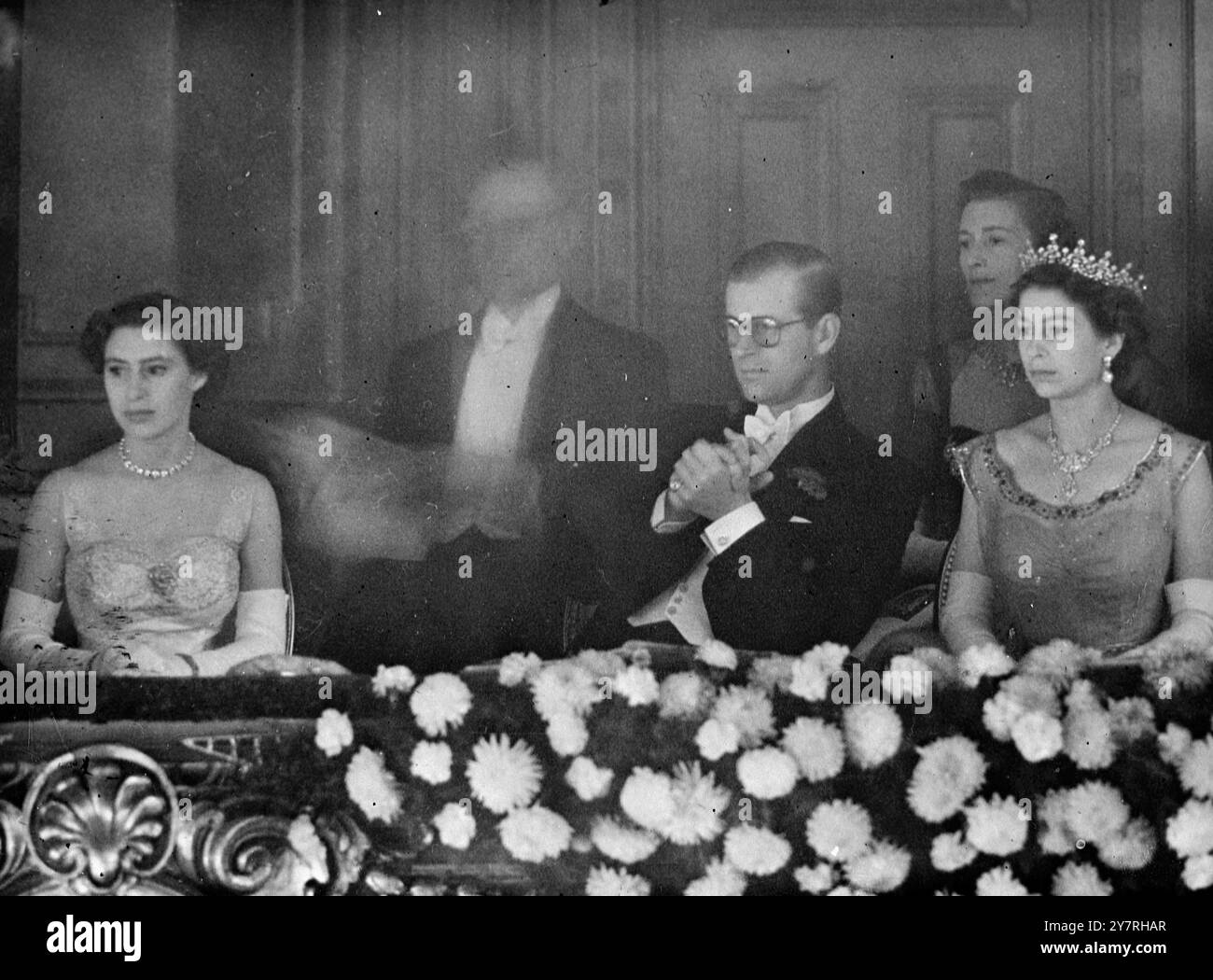 Duke of Edinburgh wears glasses at Royal Command Performance. 2.II.53 ...