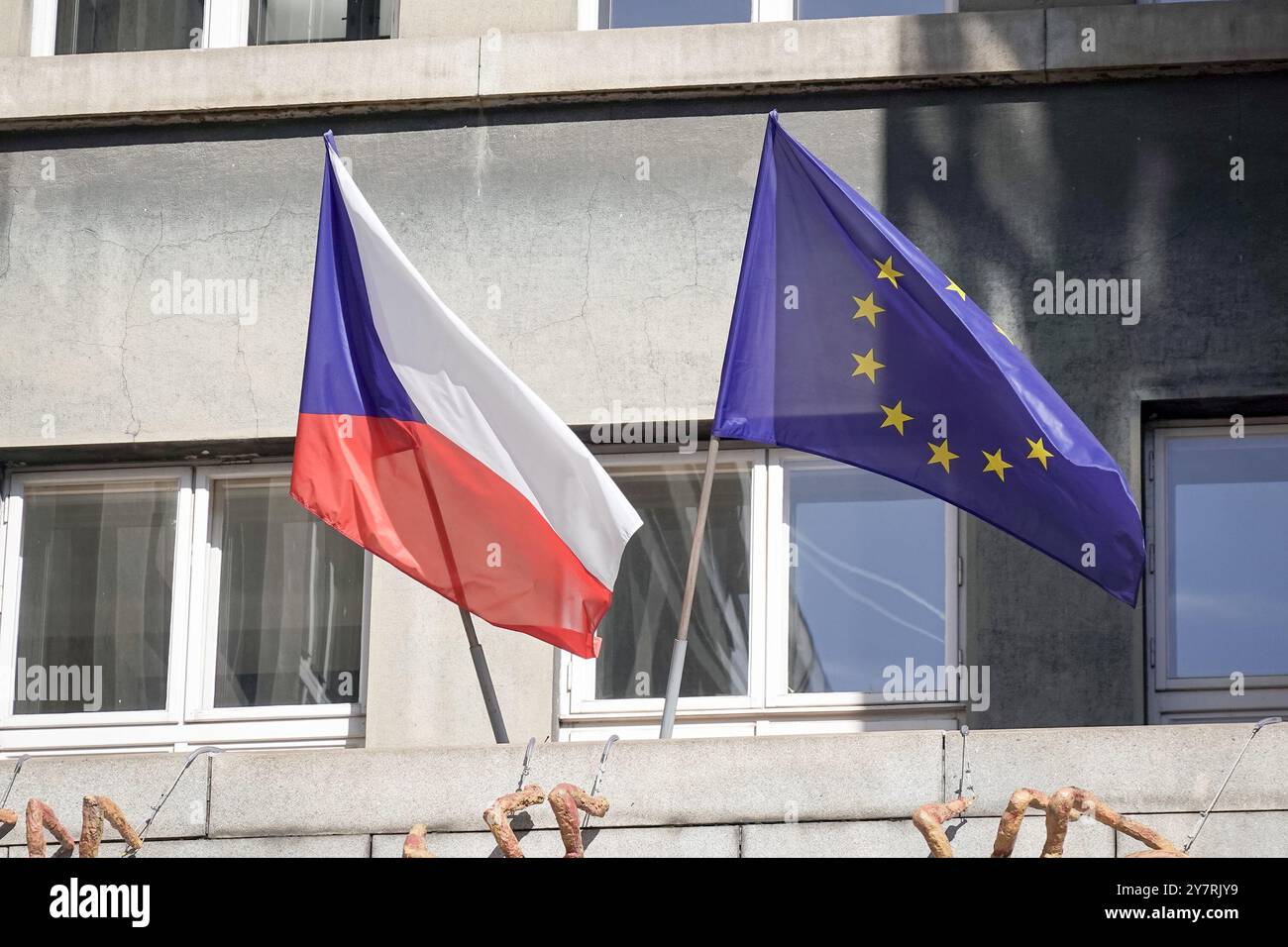 Flags of Czech Republic and Europen Union waving in wind Stock Photo ...