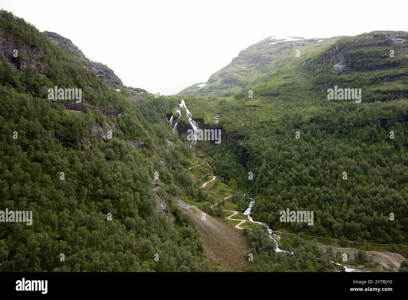 Norwegian landscape with Myrdal train station and waterfalls of Myrdola ...
