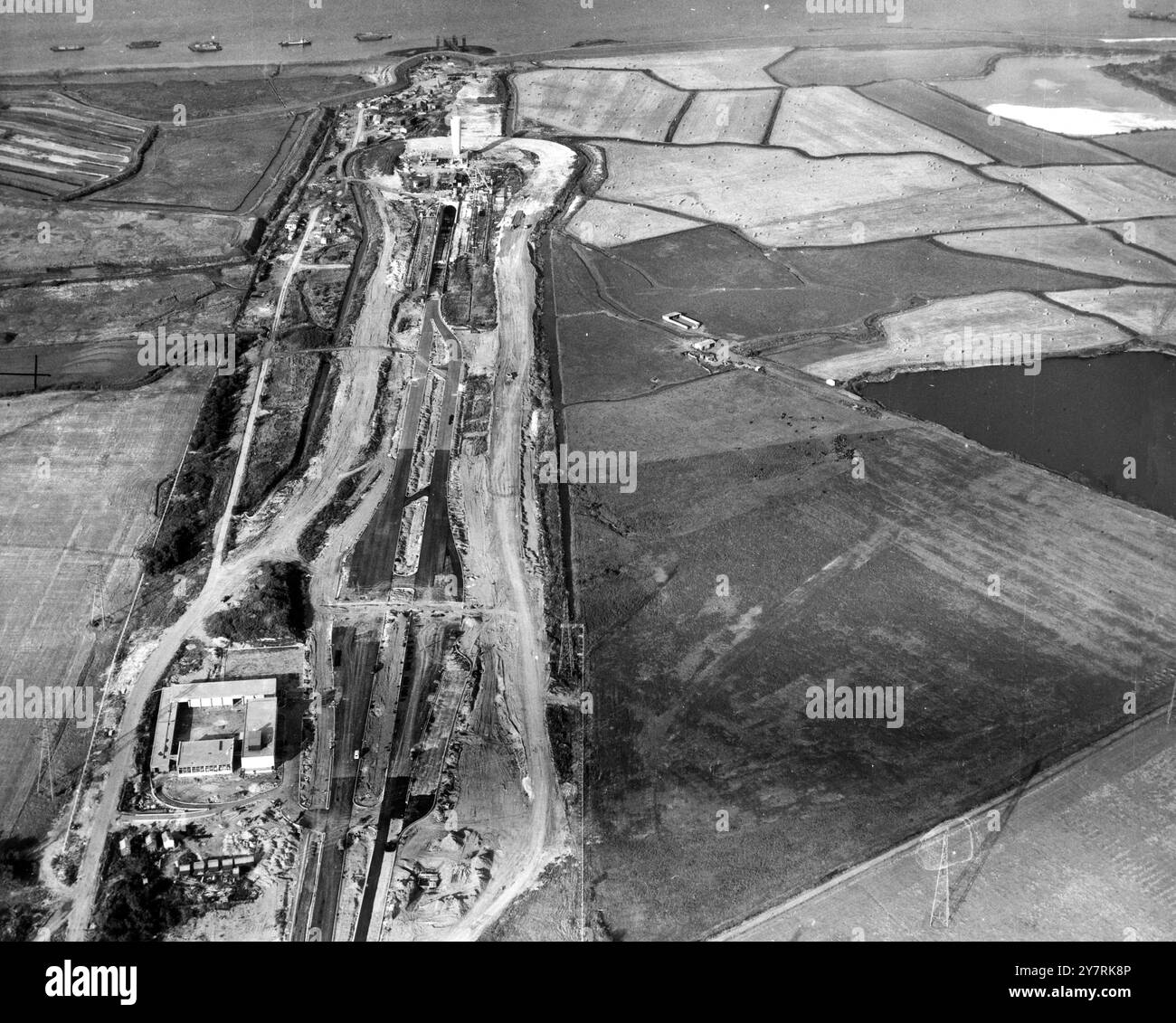 Aerial view of Kent and the construction of the M25 and connecting ...
