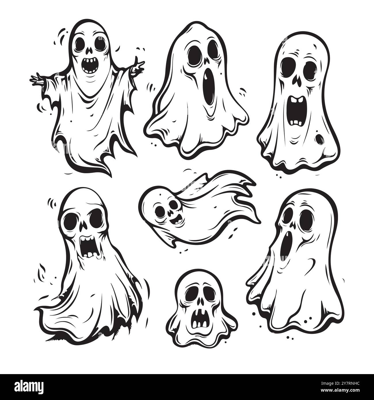 Doodle collection of hand drawn outline ghosts. Sketch design for ...