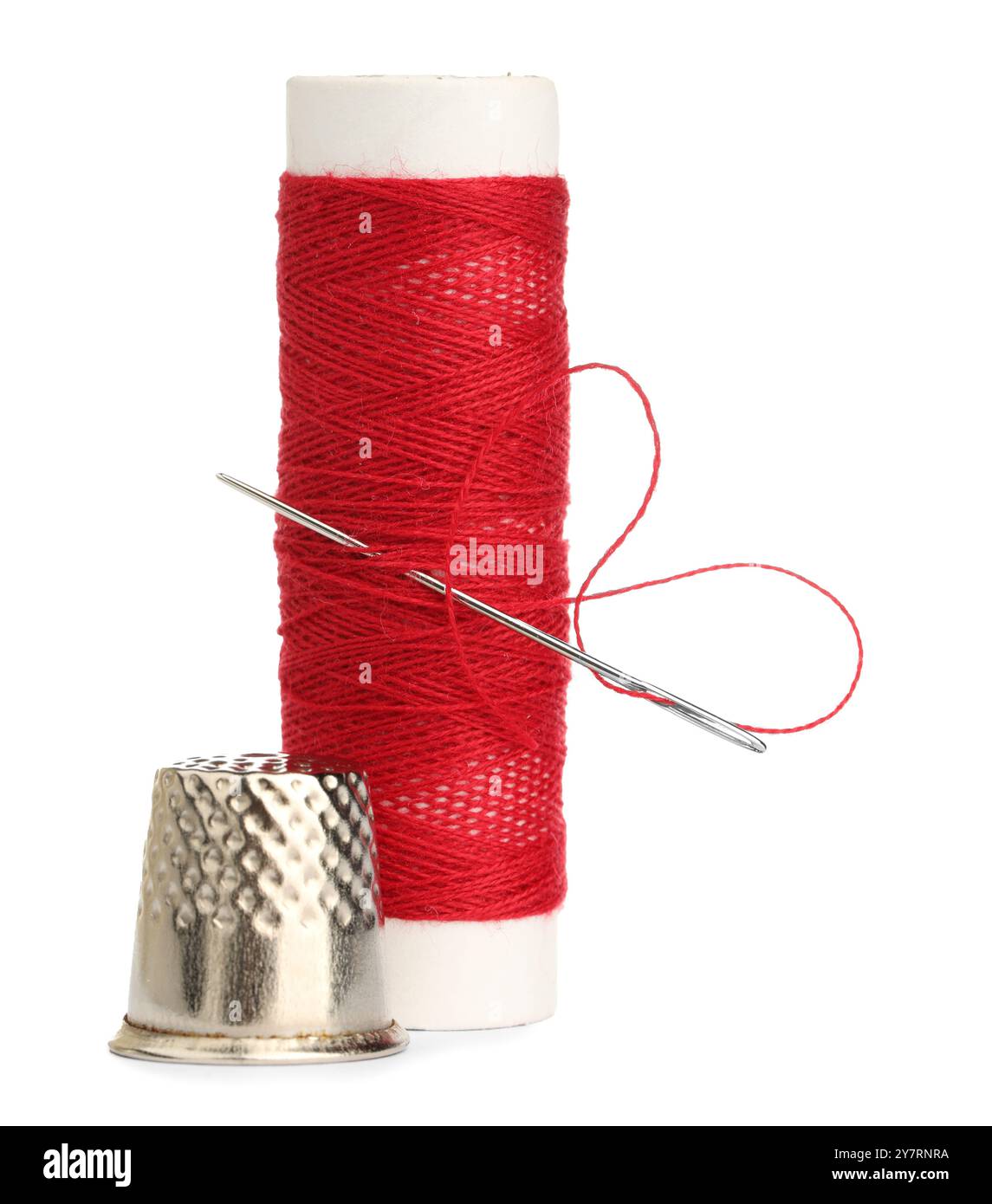 Thimble and needle with red sewing thread isolated on white Stock Photo ...