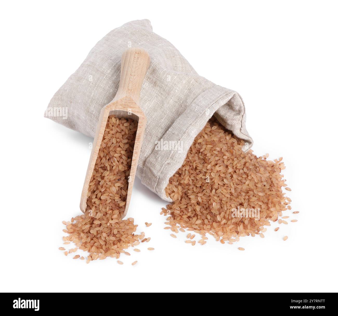 Raw organic matta rice in burlap with scoop isolated on white Stock ...