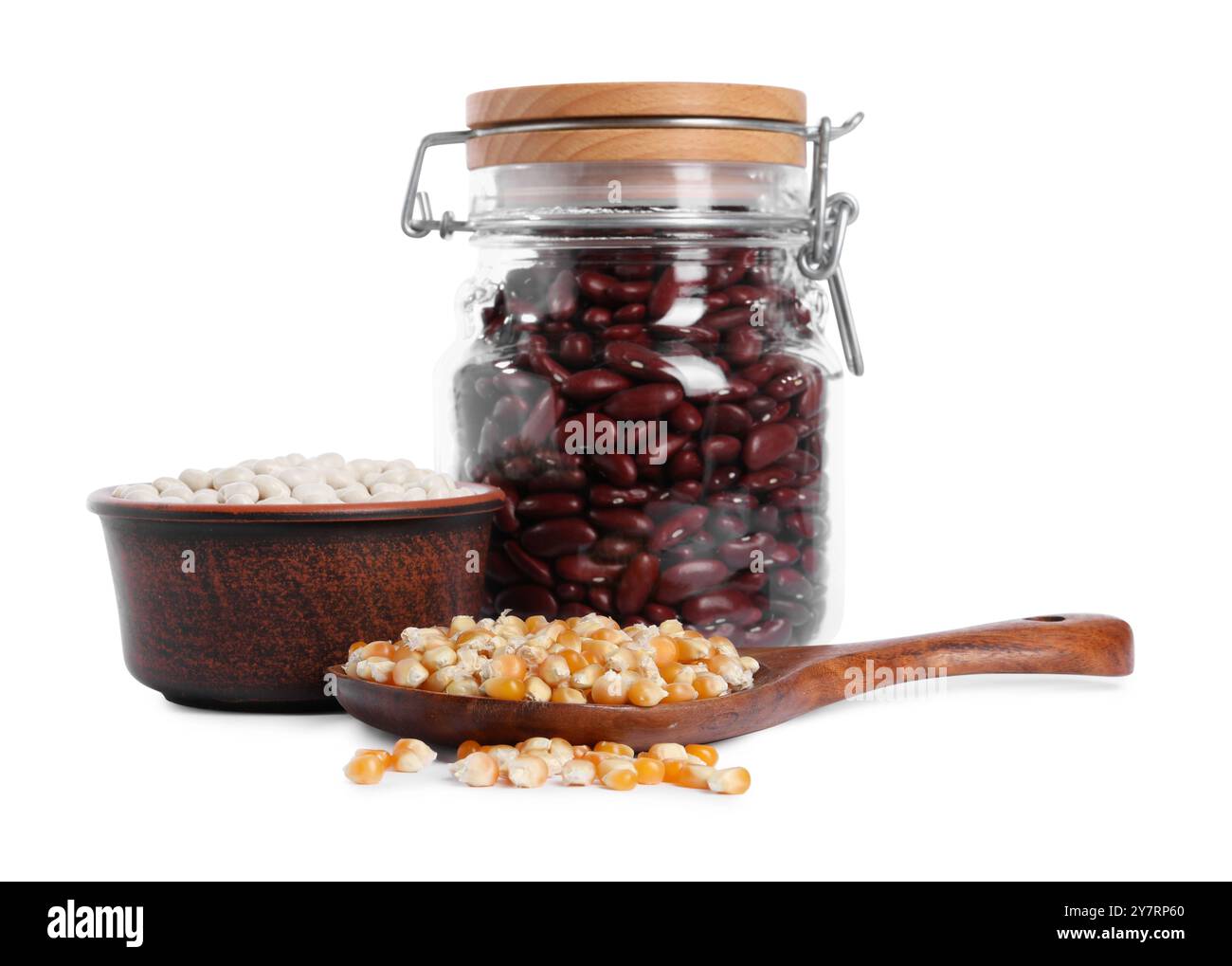 Different types of legumes and corn kernels isolated on white Stock ...