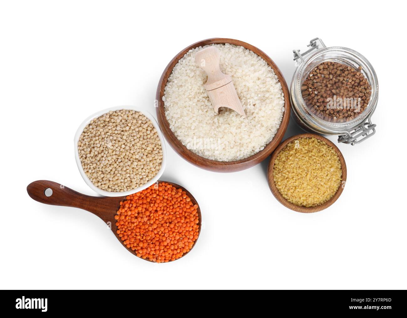 Different types of cereals isolated on white, top view Stock Photo - Alamy