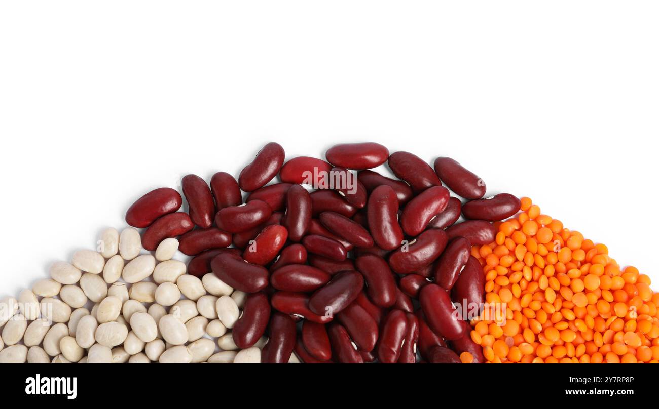 Different types of legumes isolated on white, top view Stock Photo - Alamy