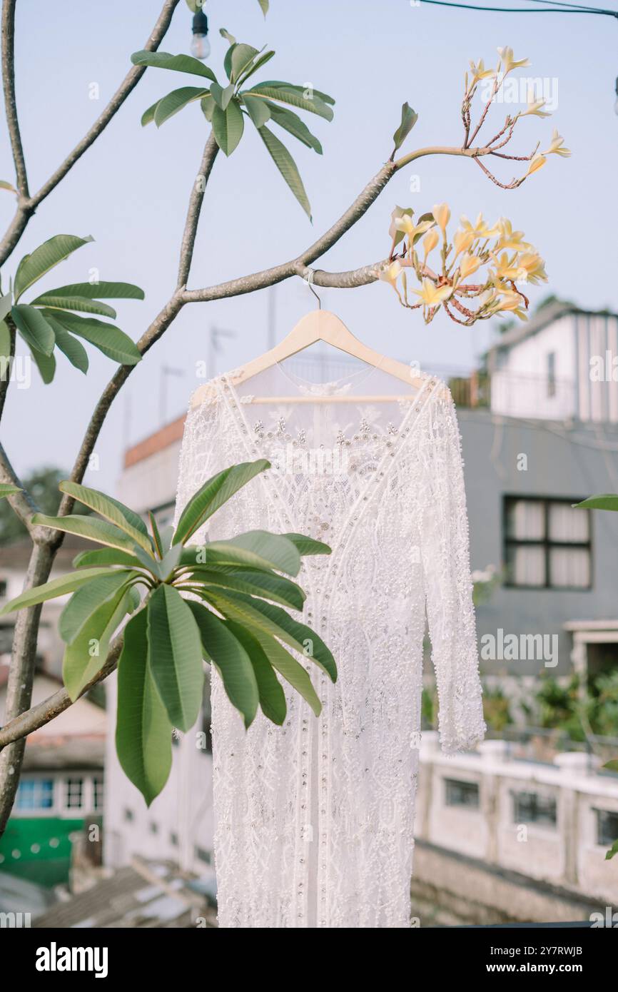 A wedding gown elegantly hung on a tree branch, creating a unique and ...
