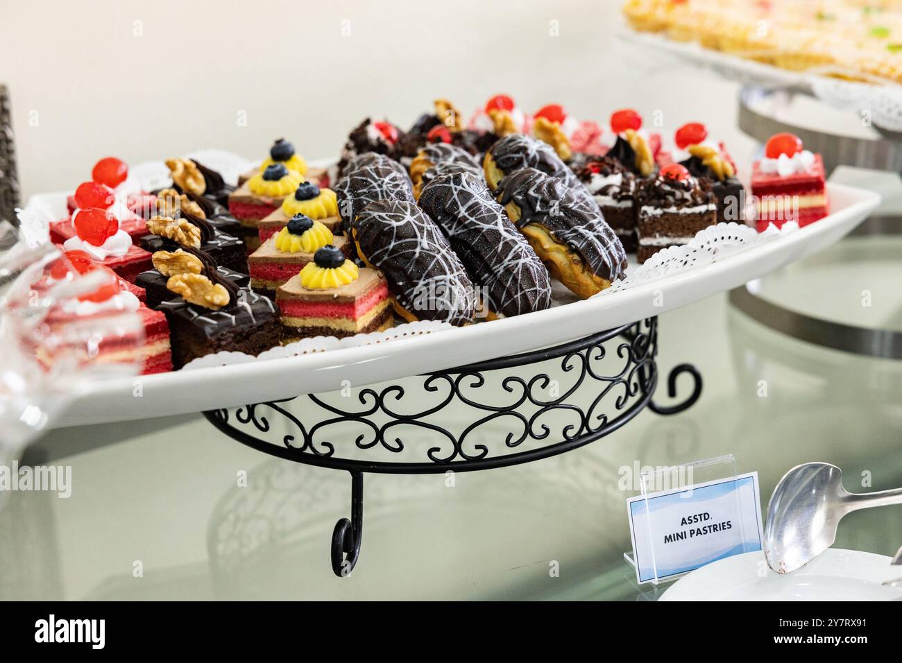 Rows of various small bite sized delicious gourmet desserts on display ...