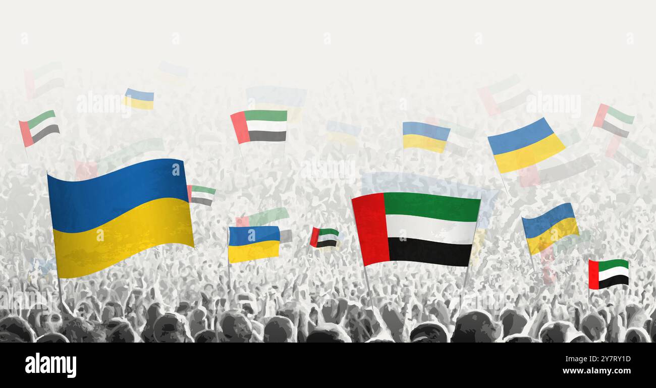 People waving flag of United Arab Emirates and Ukraine, symbolizing ...