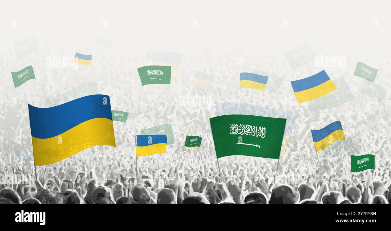 People waving flag of Saudi Arabia and Ukraine, symbolizing Saudi ...