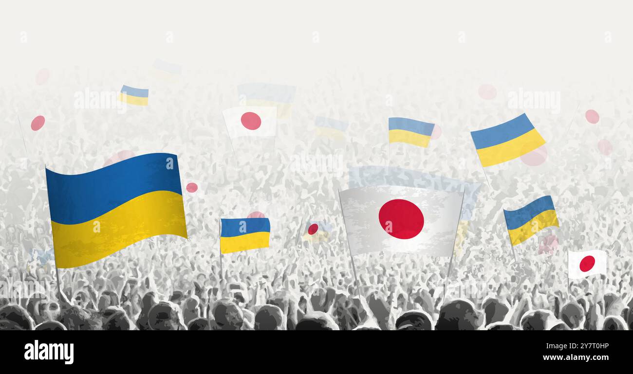 People waving flag of Japan and Ukraine, symbolizing Japan solidarity ...