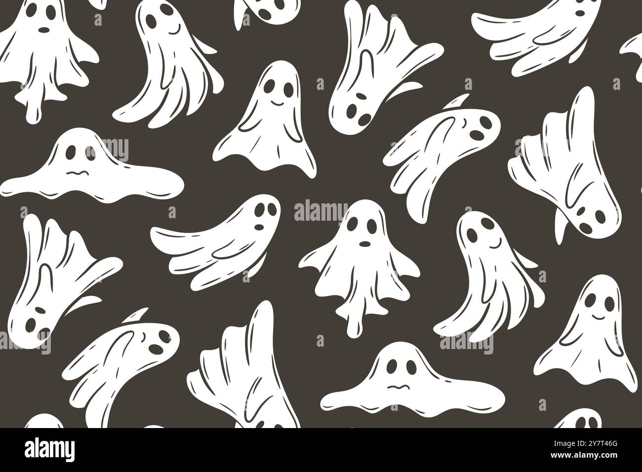 White ghosts on dark background seamless pattern. Night Halloween ...