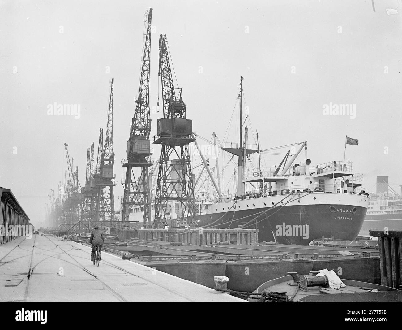 IDLE CRANES AT STRIKE - BOUND DOCKS Idle barges in London's King George ...