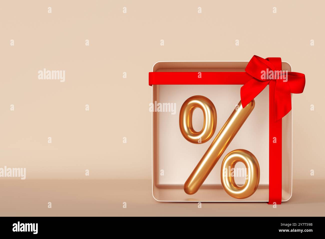 Golden percent sign inside open gift box tied with red ribbon and bow ...