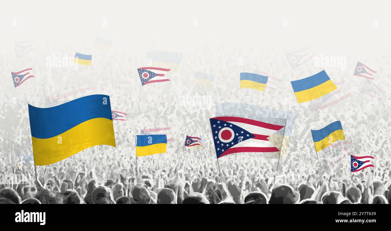 People waving flag of Ohio and Ukraine, symbolizing Ohio solidarity for ...