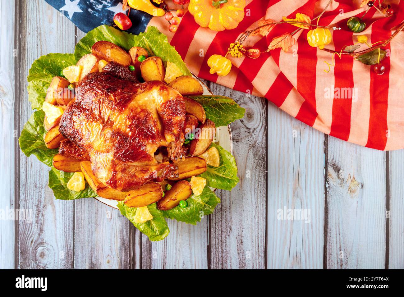 Baked chicken on table during Thanksgiving Day celebration at America ...