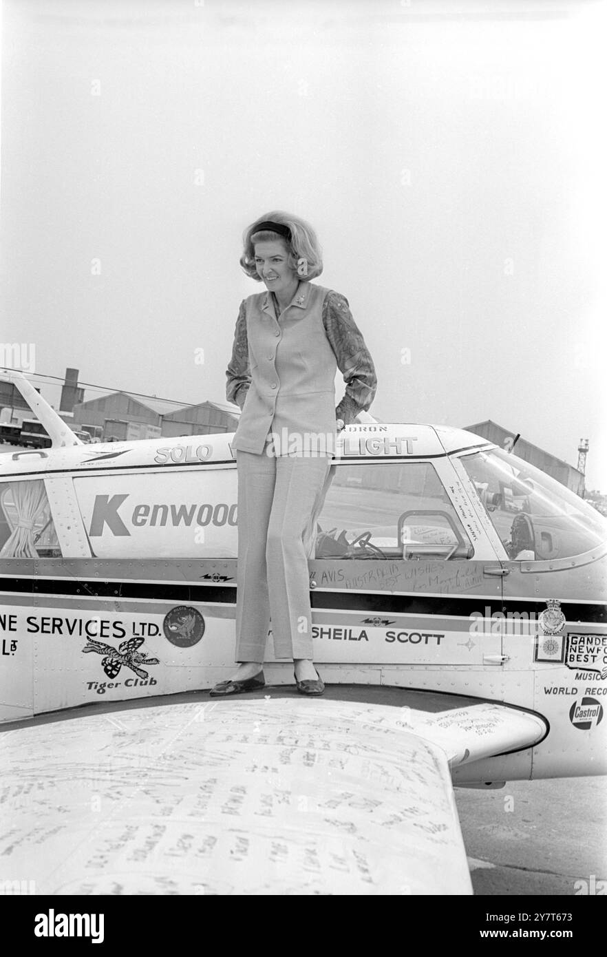 Lone woman pilot Sheila Scott waves farewell as she left Heathrow ...