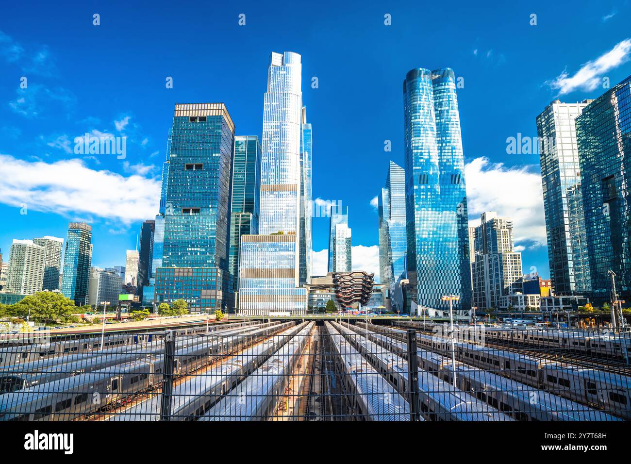 New York City Hudson Yards skyline development and subway yard view ...