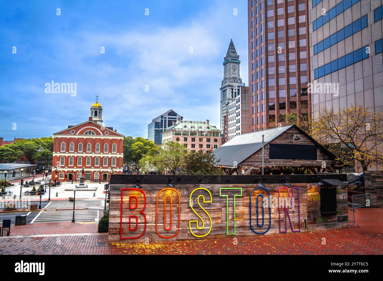 Boston Faneuil Hall square and cityscape view, Massachusetts state of ...