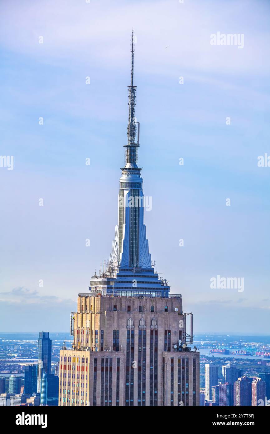 Iconic skyscraper landmark in New York city tower top and spire view ...