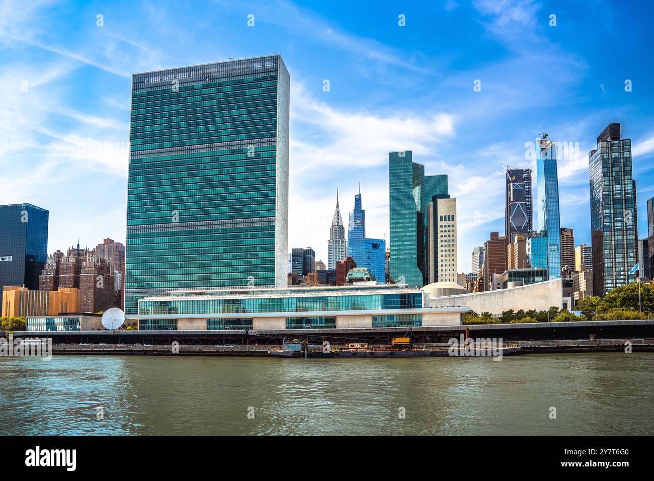 United Nations building complex on East river in New York city view ...