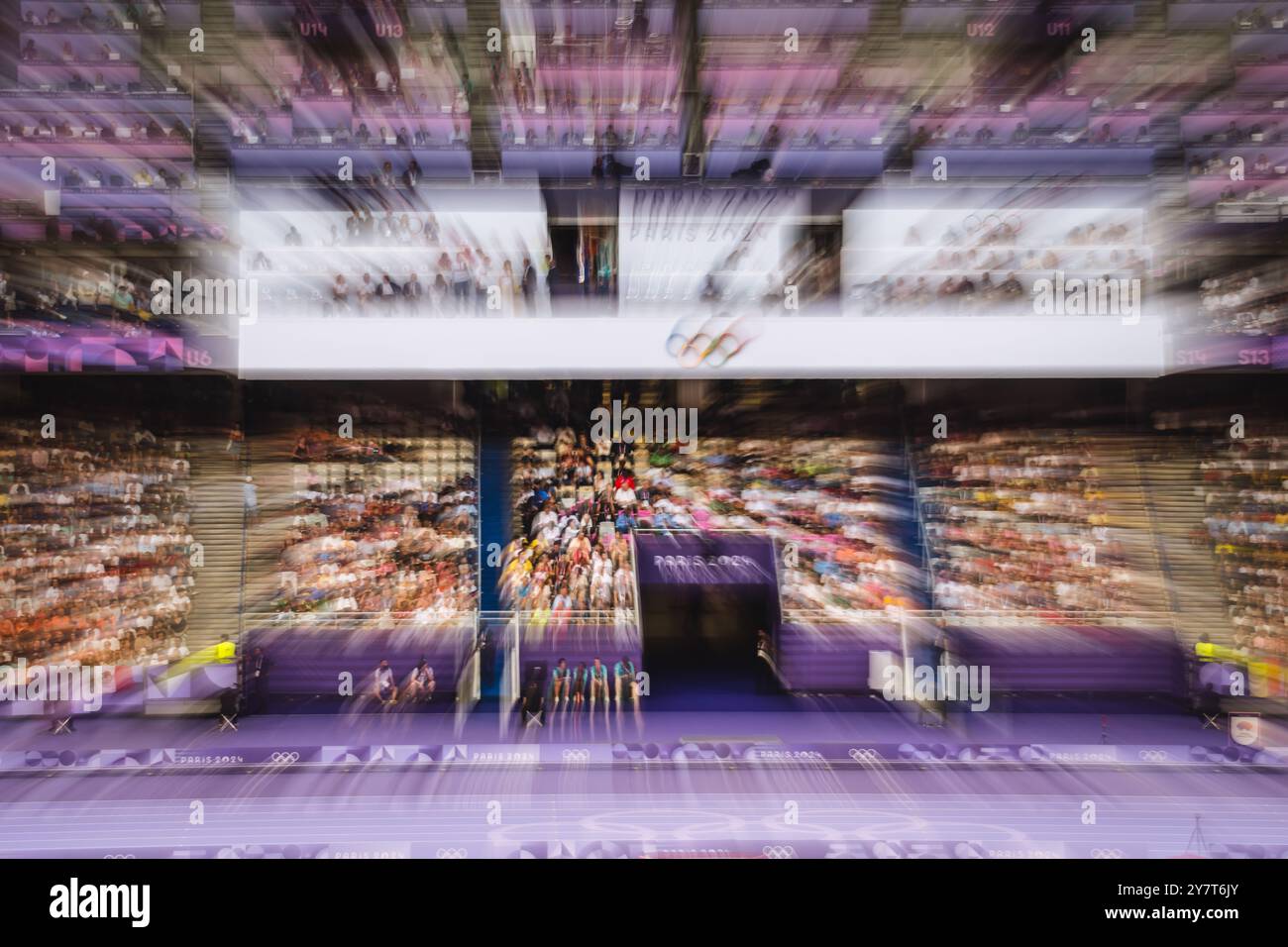 Interior of the Stade de France with the Olympic rings and the box with ...