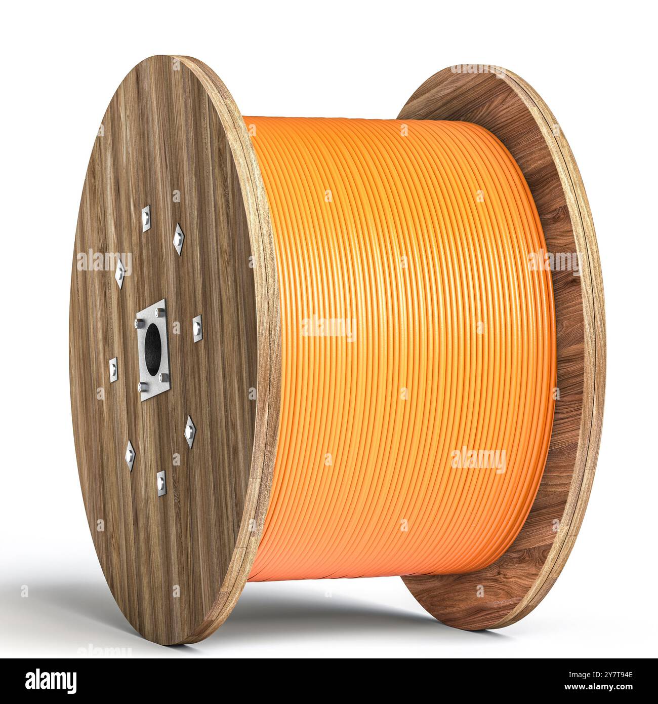 Wooden reel with orange fiber cable on white background 3d Stock Photo ...