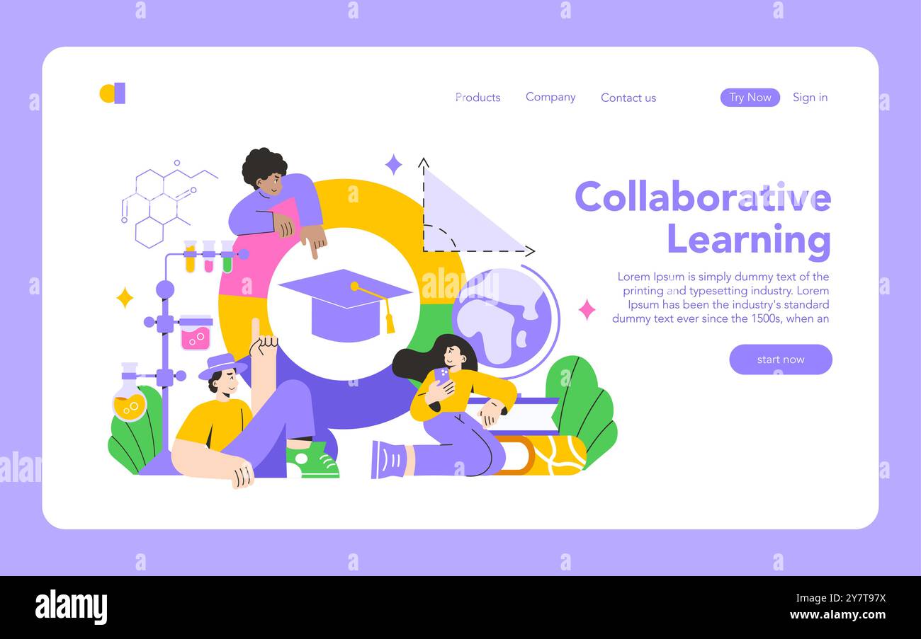 Collaborative learning concept. Students engaging in group study with educational icons and ...